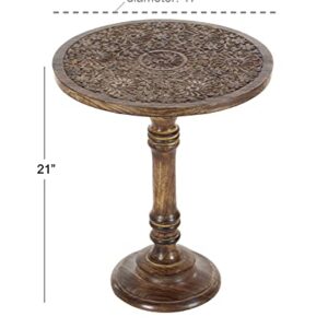 Deco 79 Mango Wood Floral Handmade Intricately Carved Accent Table, 17" x 17" x 21", Dark Brown