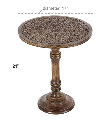 Deco 79 Mango Wood Floral Handmade Intricately Carved Accent Table, 17" x 17" x 21", Dark Brown