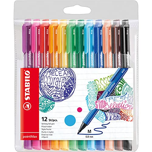 Nylon Tip Writing Pen - STABILO pointMax - Wallet of 12 - Assorted Colors