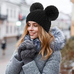 Livingston Women Beanie Hat Cable Knit Double Pompom Ears Winter Hat Cute Beanie for Women Knit Pom Beanie for Winter, Black Beanie