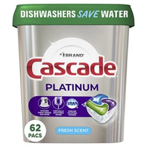 cascade platinum dishwasher pods, detergent, soap pods, actionpacs with dishwasher cleaner and deodorizer action, fresh, 62 count