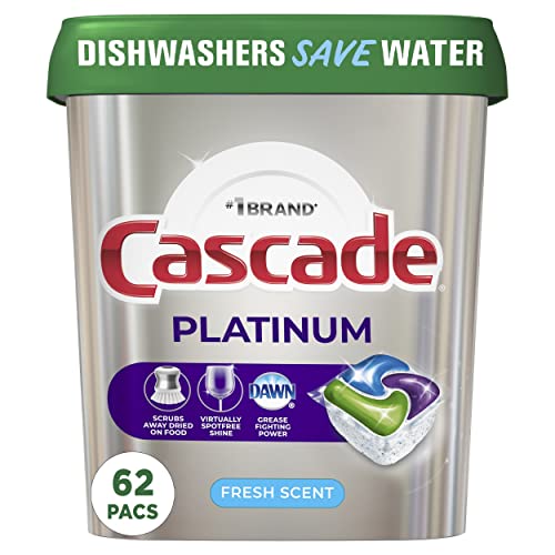 Cascade Platinum Dishwasher Pods, Detergent, Soap Pods, Actionpacs with Dishwasher Cleaner and Deodorizer Action, Fresh, 62 Count