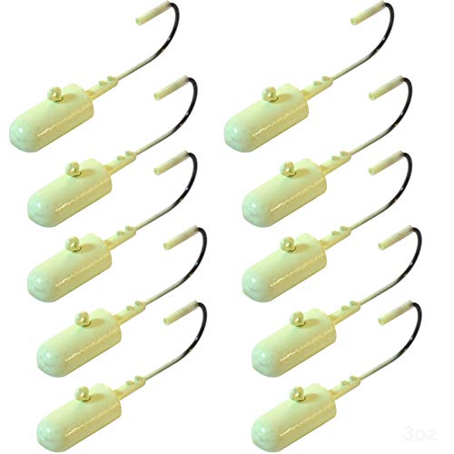 10pcs Fish WOW!® 3oz Bullet Jighead with 32786 MUSTAD 8/0 Hook 2X Strong Black Nickel Hooks Jig Heads - Glow in The Dark