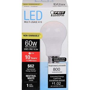 Feit Electric LED A19 Medium Base Light Bulb - 60W Equivalent - 10 Year Life - 800 Lumen - 3500K Neutral White - Non-Dimmable | 1-Pack