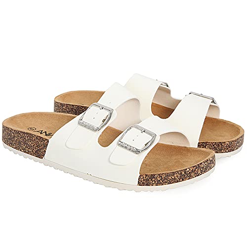 ANNA Glory Women's Slide Sandals Cork Footbed Double Buckle White 5.5