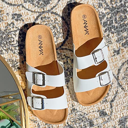 ANNA Glory Women's Slide Sandals Cork Footbed Double Buckle White 5.5