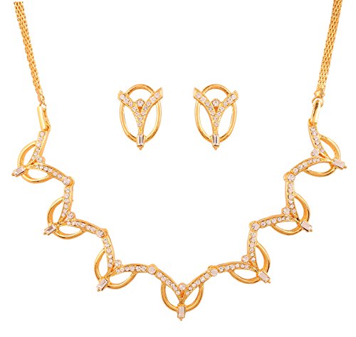 Touchstone Gold Tone Indian Hollywood Pretty Zigzag Work and White Rhinestones Party wear Necklace Set