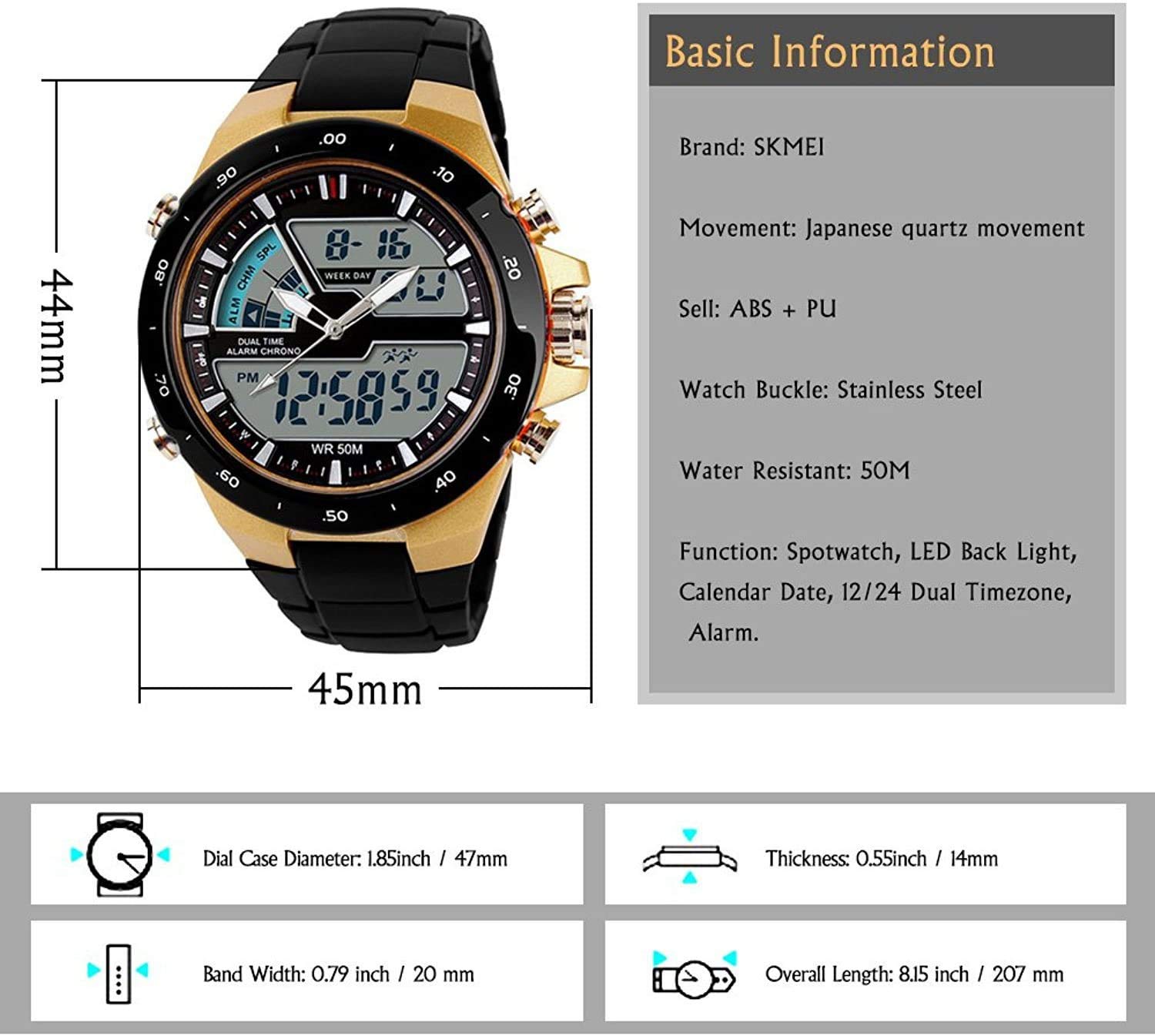 Carrie Hughes Men's Digital Watch 50M Waterproof Large Dual Dial Multifunction Analog Military Outdoor Sports Electronic Watch Calendar Day Date CH031