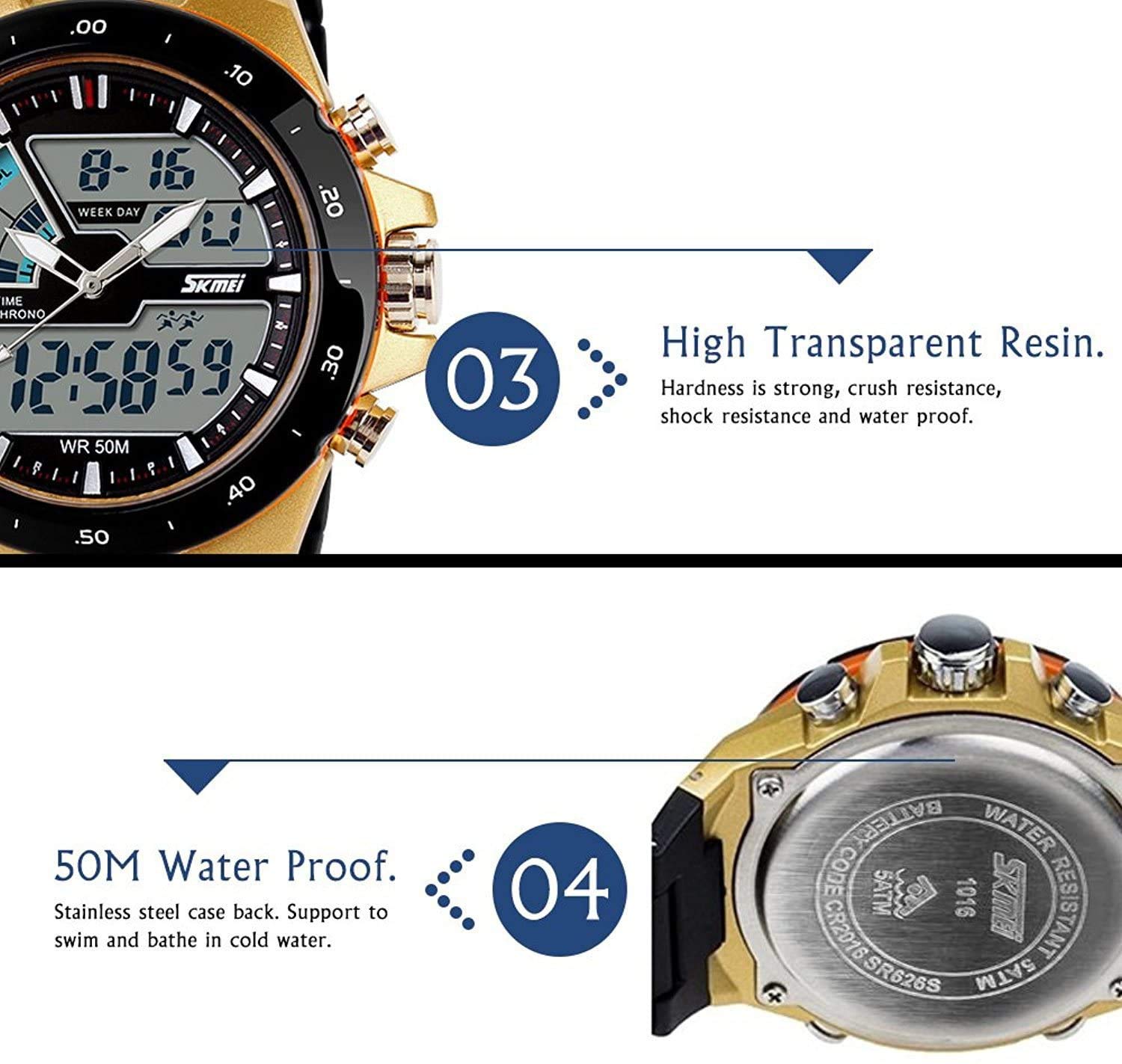 Carrie Hughes Men's Digital Watch 50M Waterproof Large Dual Dial Multifunction Analog Military Outdoor Sports Electronic Watch Calendar Day Date CH031