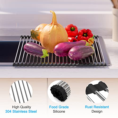 EMBATHER Roll Up Dish Drying Rack Over The Sink, Dish Drying Rack for Kitchen Counter, Multipurpose Stainless Steel Foldable Kitchen Drainer Rack with Silicone Mat, Anti-Slip,(Black, 20.8"x18.1")