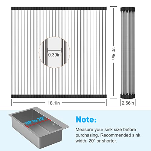 EMBATHER Roll Up Dish Drying Rack Over The Sink, Dish Drying Rack for Kitchen Counter, Multipurpose Stainless Steel Foldable Kitchen Drainer Rack with Silicone Mat, Anti-Slip,(Black, 20.8"x18.1")