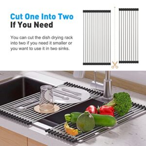 EMBATHER Roll Up Dish Drying Rack Over The Sink, Dish Drying Rack for Kitchen Counter, Multipurpose Stainless Steel Foldable Kitchen Drainer Rack with Silicone Mat, Anti-Slip,(Black, 20.8"x18.1")