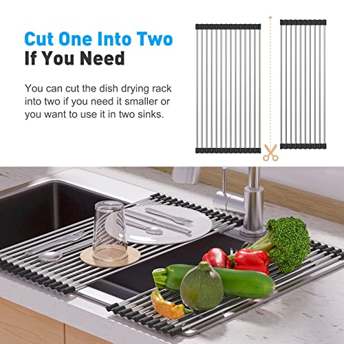 EMBATHER Roll Up Dish Drying Rack Over The Sink, Dish Drying Rack for Kitchen Counter, Multipurpose Stainless Steel Foldable Kitchen Drainer Rack with Silicone Mat, Anti-Slip,(Black, 20.8"x18.1")