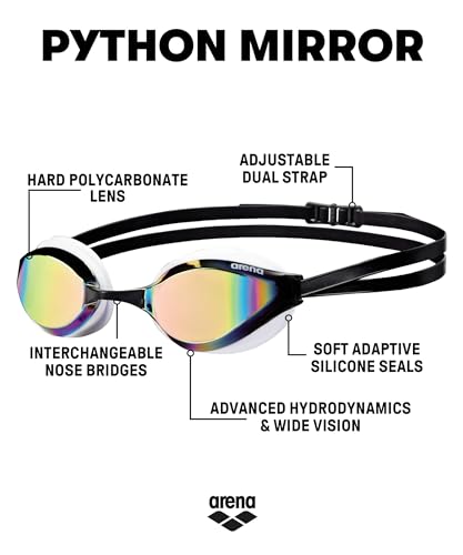 Arena Python Racing Swim Goggles for Men and Women, UV Protection, Anti-Fog, Dual Strap, Mirror Lens, Copper/White