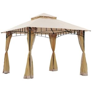 outsunny 10' x 10' outdoor patio gazebo canopy tent with mesh sidewalls, 2-tier canopy for backyard, beige