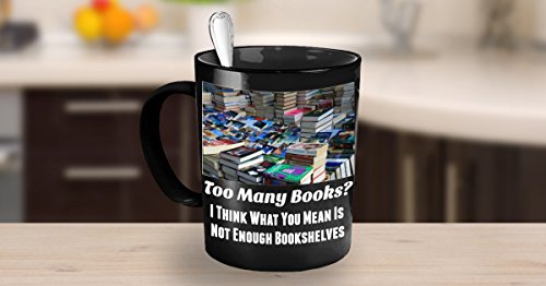 Vitazi Kitchenware Novelty Gifts - Book Lover Mug (15oz) Too Many Books? I Think...Not Enough Bookshelves, With Image Ceramic Coffee Cup - Gift for Bookworms, Readers, Book Nerds (Black)