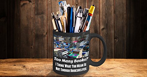 Vitazi Kitchenware Novelty Gifts - Book Lover Mug (15oz) Too Many Books? I Think...Not Enough Bookshelves, With Image Ceramic Coffee Cup - Gift for Bookworms, Readers, Book Nerds (Black)