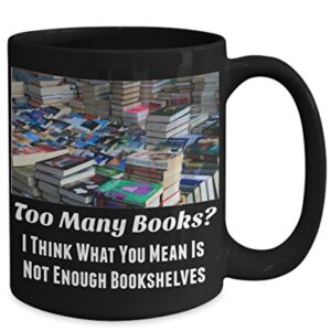 Vitazi Kitchenware Novelty Gifts - Book Lover Mug (15oz) Too Many Books? I Think...Not Enough Bookshelves, With Image Ceramic Coffee Cup - Gift for Bookworms, Readers, Book Nerds (Black)