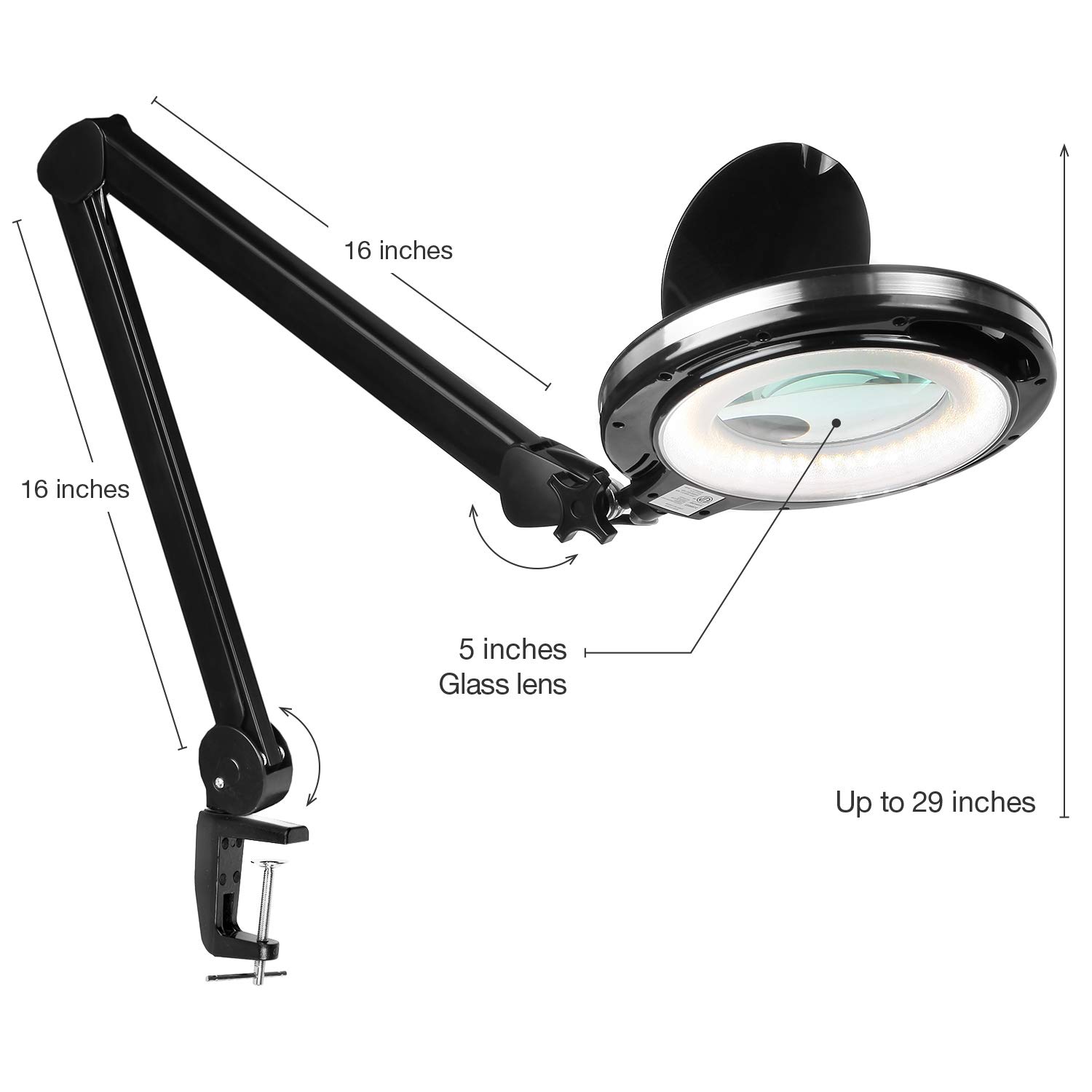 Brightech LightView Pro Magnifying Desk Lamp, 2.25x Light Magnifier with Clamp, Adjustable Magnifying Glass with Light for Crafts, Reading, Close Work - Black