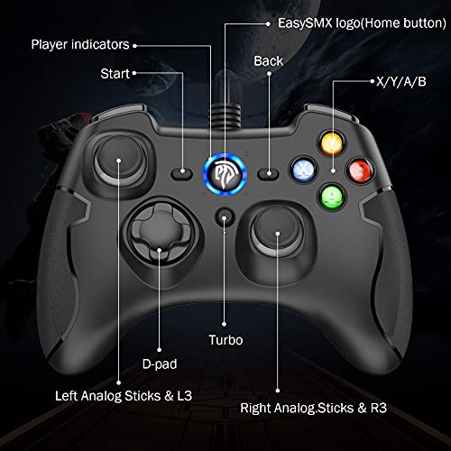 EasySMX Wired Gaming Controller,PC Game Controller Joystick with Dual-Vibration Turbo and Trigger Buttons for Windows PC/ PS3/ Android TV Box/Tesla(Black)