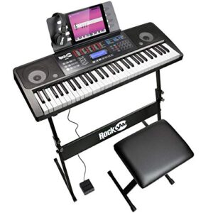 rockjam 61 key touch display keyboard piano kit with digital piano bench, electric piano stand, headphones piano note stickers, sustain pedal & simply piano lessons