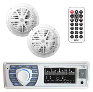 pyle marine receiver & speaker kit - in-dash lcd digital stereo built-in bluetooth & microphone w/ am fm radio system 5.25’’ waterproof speakers (2) mp3/usb/sd readers & remote control - plmrkt36wt