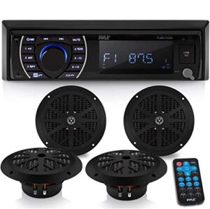 pyle marine head unit receiver speaker kit - in-dash lcd digital stereo built-in bluetooth & microphone w/ am fm radio system 6.5’’ waterproof speakers (4) mp3/sd readers & remote control -plmrkt48bk