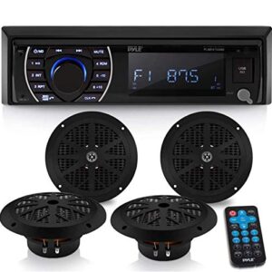 Pyle Marine Head Unit Receiver Speaker Kit - In-Dash LCD Digital Stereo Built-in Bluetooth & Microphone w/ AM FM Radio System 6.5’’ Waterproof Speakers (4) MP3/SD Readers & Remote Control -PLMRKT48BK