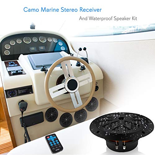 Pyle Marine Head Unit Receiver Speaker Kit - In-Dash LCD Digital Stereo Built-in Bluetooth & Microphone w/ AM FM Radio System 6.5’’ Waterproof Speakers (4) MP3/SD Readers & Remote Control -PLMRKT48BK