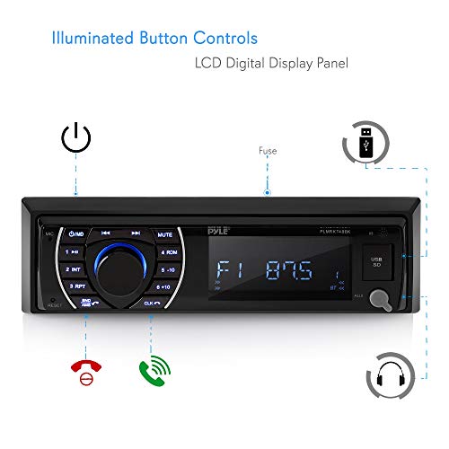 Pyle Marine Head Unit Receiver Speaker Kit - In-Dash LCD Digital Stereo Built-in Bluetooth & Microphone w/ AM FM Radio System 6.5’’ Waterproof Speakers (4) MP3/SD Readers & Remote Control -PLMRKT48BK