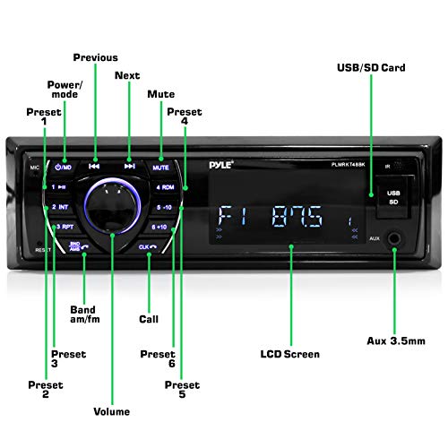 Pyle Marine Head Unit Receiver Speaker Kit - In-Dash LCD Digital Stereo Built-in Bluetooth & Microphone w/ AM FM Radio System 6.5’’ Waterproof Speakers (4) MP3/SD Readers & Remote Control -PLMRKT48BK