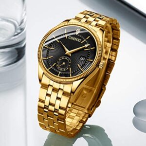 FANMIS Men's Luxury Analog Quartz Gold Wrist Watches Business Stainless Steel Band Dress Wrist Watch Classic Calendar Date Window 3ATM Water Resistant (Black)