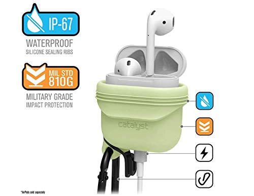 Catalyst Waterproof AirPods 1 & 2 Case with Premium Carabiner, Compatible Wireless Charging, One-Piece Design, Protective Cover Soft Skin, High Drop Protection, Silicone Sealing - Glow in Dark