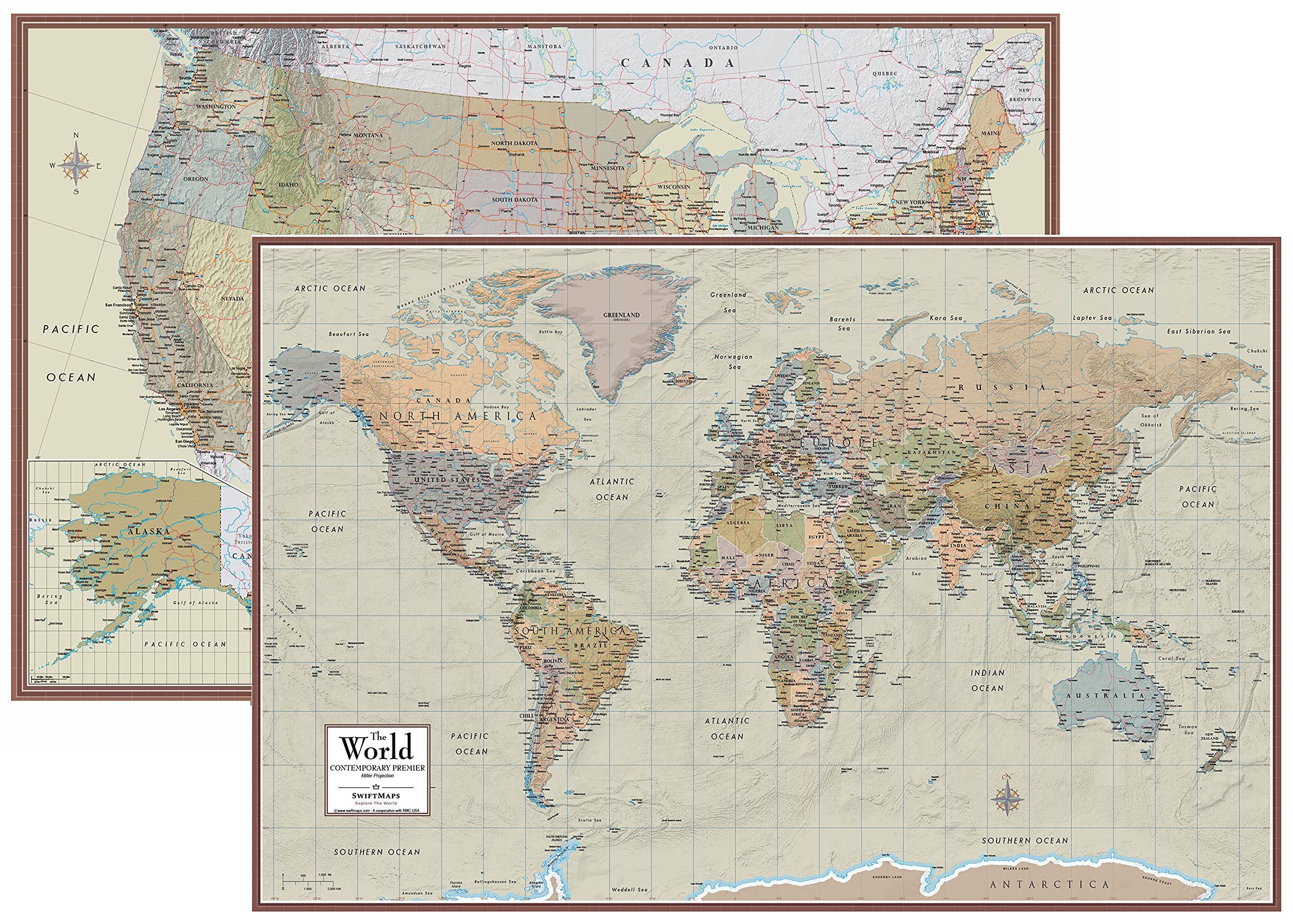 Swiftmaps World and USA Contemporary Premier 3D Two Wall Map Set (24x36 Laminated)