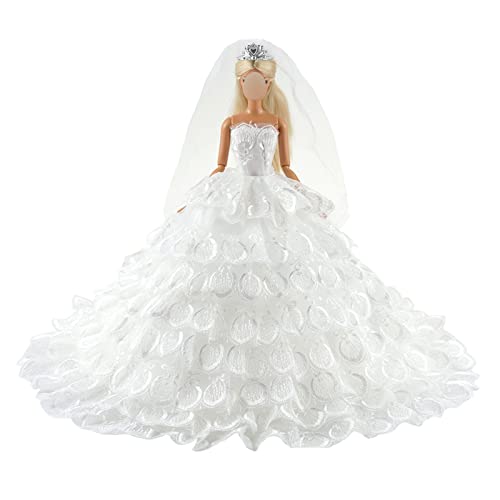 BARWA Wedding Dress Princess Evening Party White Dress Gown with Veil for 11.5 inch Dolls