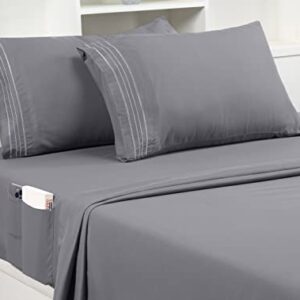 Utopia Bedding Queen Sheet Set – Soft Microfiber 4 Piece Luxury Bed Sheets with Deep Pockets - Embroidered Pillow Cases - Side Storage Pocket Fitted Sheet - Flat Sheet (Grey)