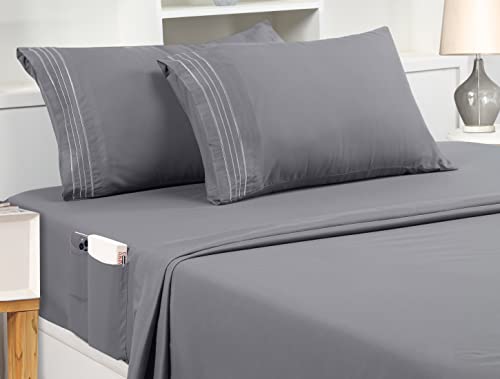 Utopia Bedding Queen Sheet Set – Soft Microfiber 4 Piece Luxury Bed Sheets with Deep Pockets - Embroidered Pillow Cases - Side Storage Pocket Fitted Sheet - Flat Sheet (Grey)