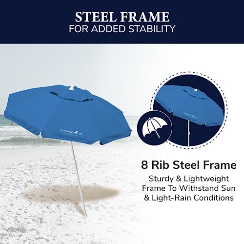 Caribbean Joe Beach Umbrella, Portable and Adjustable Tilt Sun Umbrella with UV Protection, Vented Canopy, Full 6.5 ft Arc, Blue