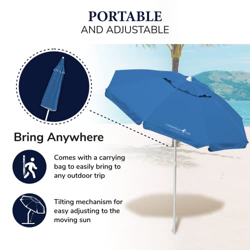 Caribbean Joe Beach Umbrella, Portable and Adjustable Tilt Sun Umbrella with UV Protection, Vented Canopy, Full 6.5 ft Arc, Blue