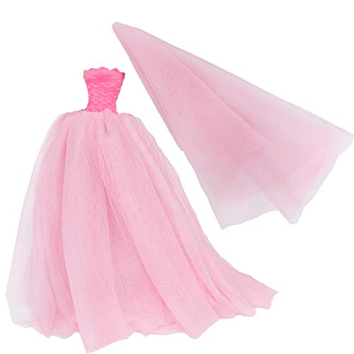 BJDBUS 11.5 inch Girl Doll Clothes, Pink Trailing Wedding Dress with Veil