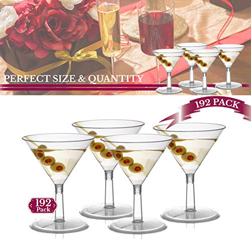 Plastic Martini Glasses - 192 Pcs Disposable Hard Plastic Clear Margarita Glasses - 2 oz Crystal Cut Glass - Bulk Party Cocktail Drinking Cups for Wedding, Mardi Gras, Birthday Parties & All Occasions