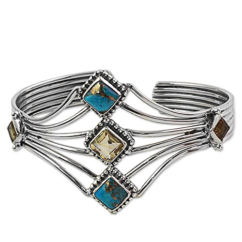 NOVICA Handmade Citrine Cuff Bracelet Composite Turquoise from India .925 Sterling Silver Reconstituted Yellow Blue Island Paradise Birthstone [6 in L (end to End) x 1.6 in W] 'Sunny Allure'