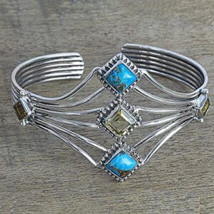 NOVICA Handmade Citrine Cuff Bracelet Composite Turquoise from India .925 Sterling Silver Reconstituted Yellow Blue Island Paradise Birthstone [6 in L (end to End) x 1.6 in W] 'Sunny Allure'