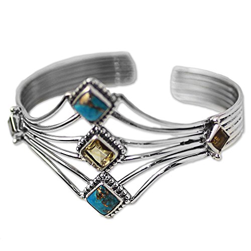 NOVICA Handmade Citrine Cuff Bracelet Composite Turquoise from India .925 Sterling Silver Reconstituted Yellow Blue Island Paradise Birthstone [6 in L (end to End) x 1.6 in W] 'Sunny Allure'