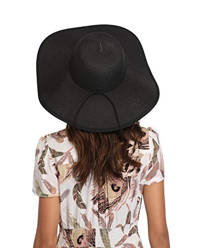 Lanzom Womens Wide Brim Straw Hat Big Floppy Foldable Roll up Cap Beach Sun Hat UPF 50+(Twine-Black)