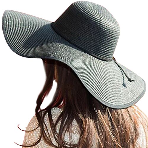 Lanzom Womens Wide Brim Straw Hat Big Floppy Foldable Roll up Cap Beach Sun Hat UPF 50+(Twine-Black)