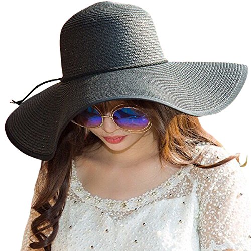 Lanzom Womens Wide Brim Straw Hat Big Floppy Foldable Roll up Cap Beach Sun Hat UPF 50+(Twine-Black)