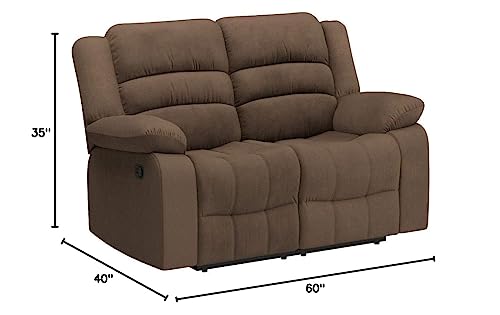 AC Pacific Bill Modern Upholstered Living Room Manual Recliner with Padded Pillow Top Armrests & Reclining Seat, Loveseat, Brown