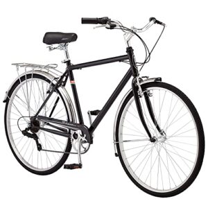 schwinn wayfarer adult hybrid bike, mens and womens, 18-inch/medium steel step-over frame, 7-speed drivetrain, rear rack, 700c wheels, black