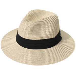 lanzom women wide brim straw panama roll up hat fedora beach sun hat upf50+ (khaki) one size